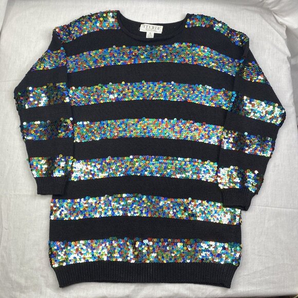 Studio Michelle Stuart | Sweaters | Vintage Studio Michelle Stuart Black Striped Heavy Sequined ...